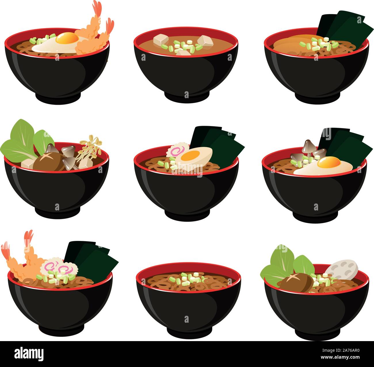 Vector illustration of various Asian soups in Japanese black and red ...