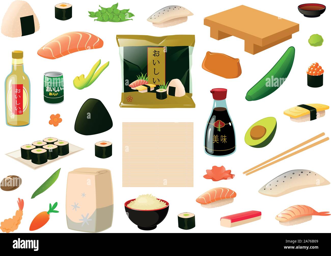 Vector illustration of various Japanese and Asian cooking ingredients ...