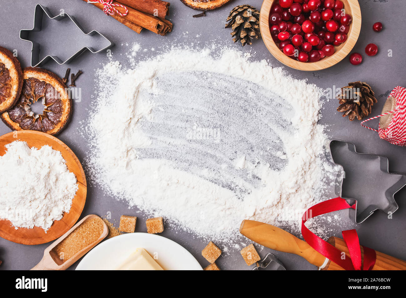 Ingredients for Christmas bakery arranged into a frame. Spices ...