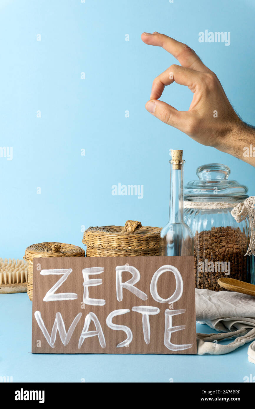 Zero waste concept. Reusable household items (cans, plates, bags ...