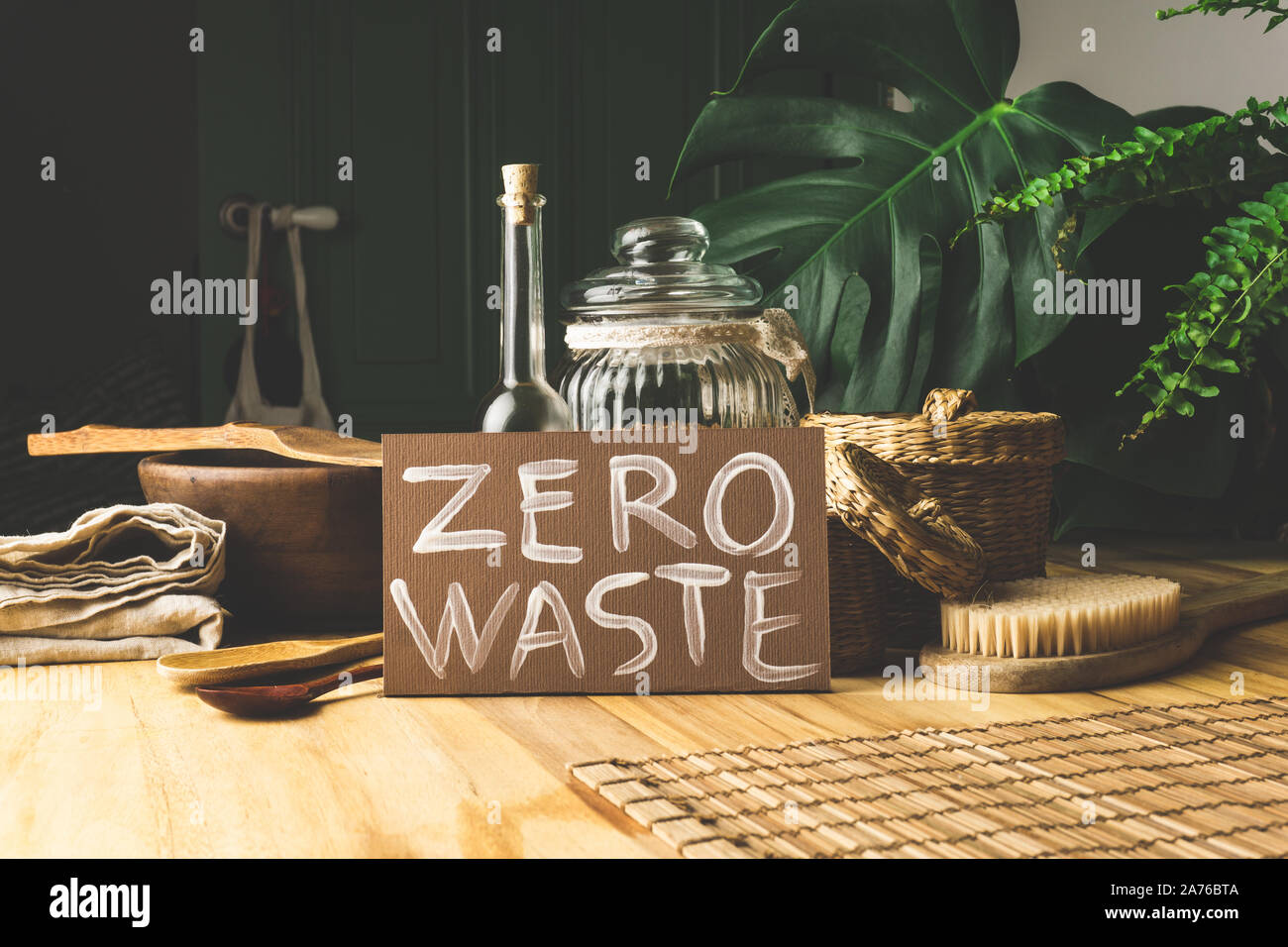 Zero waste concept. Reusable household items (cans, plates, bags ...