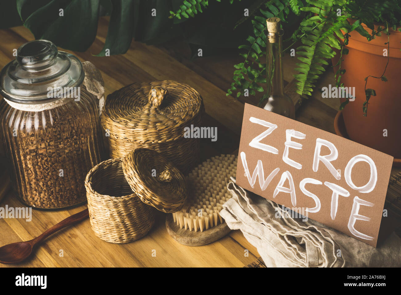 Zero waste concept. Reusable household items (cans, plates, bags ...