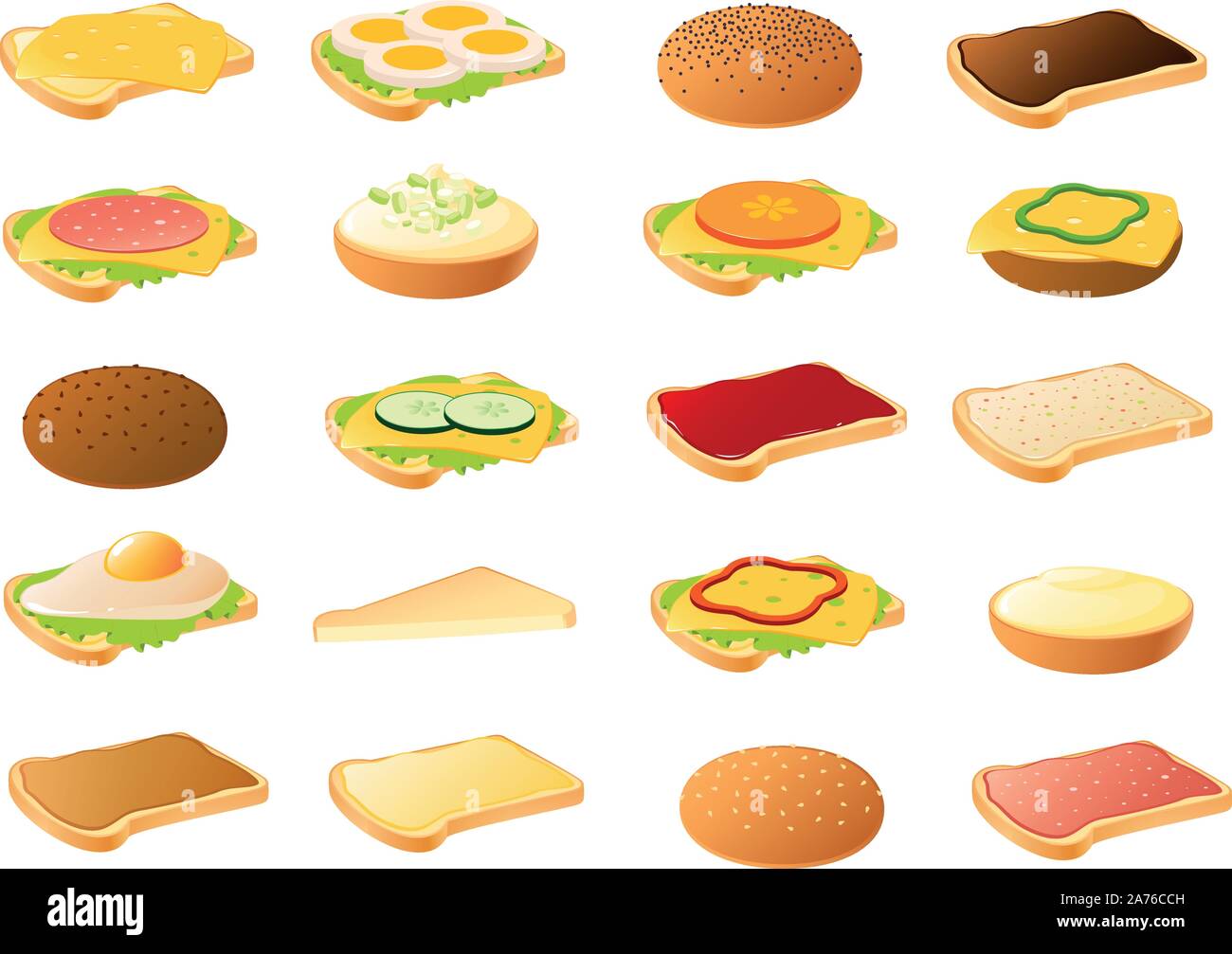 Vector illustration of various breakfast sandwiches and bread rolls ...
