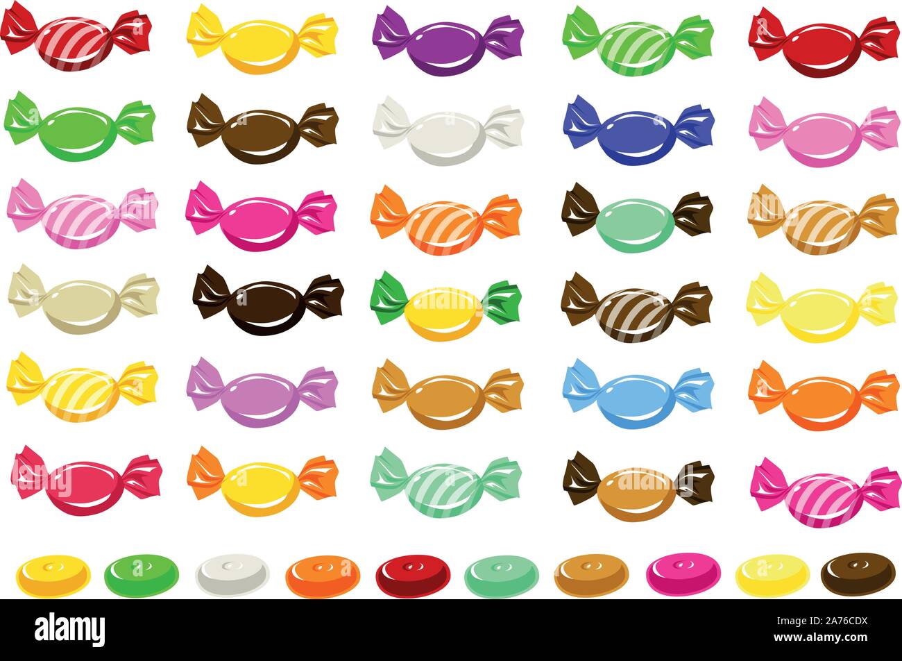 Vector illustration of various card or soft candies wrapped in colorful ...