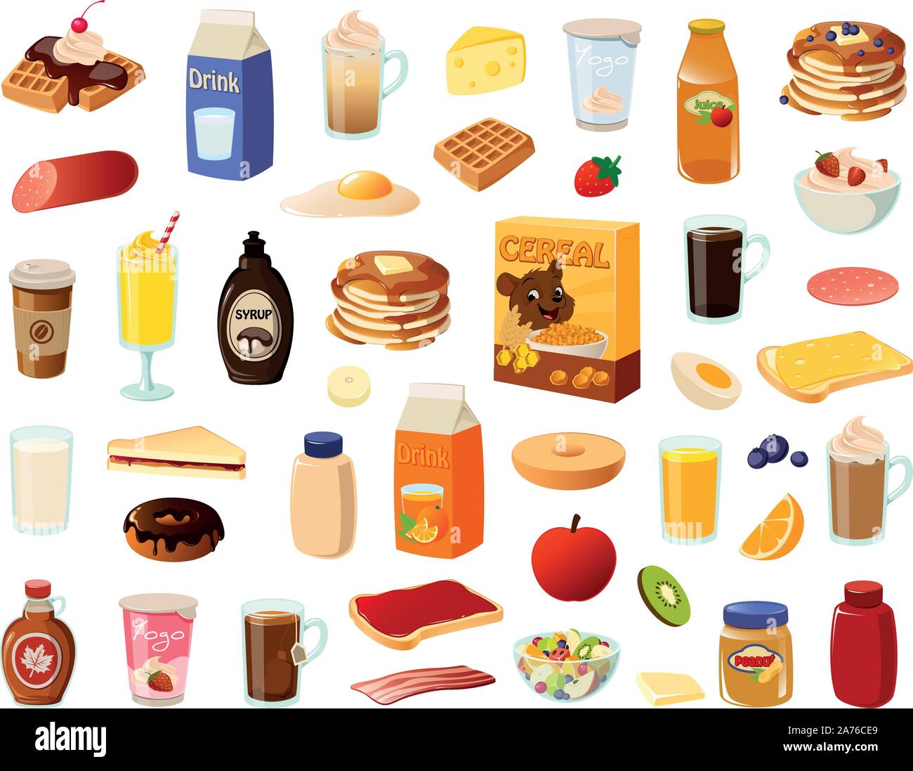 Vector illustration of various supermarket food products and breakfast ...