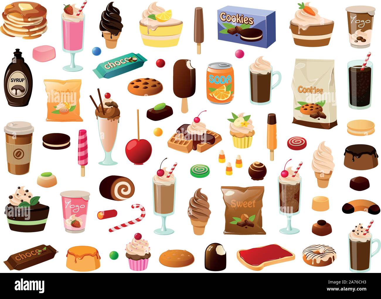 Vector illustration of various sugary sweet unhealthy candies and food ...