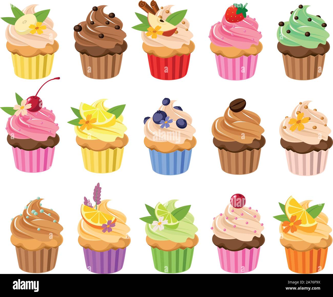 Vector illustration of various beautifully decorated cup cakes Stock ...
