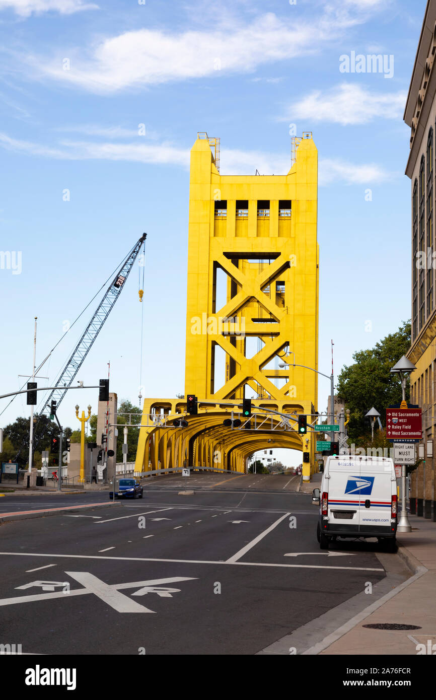 Gold painted Tower Bridge over the Sacramento River, Old Town ...