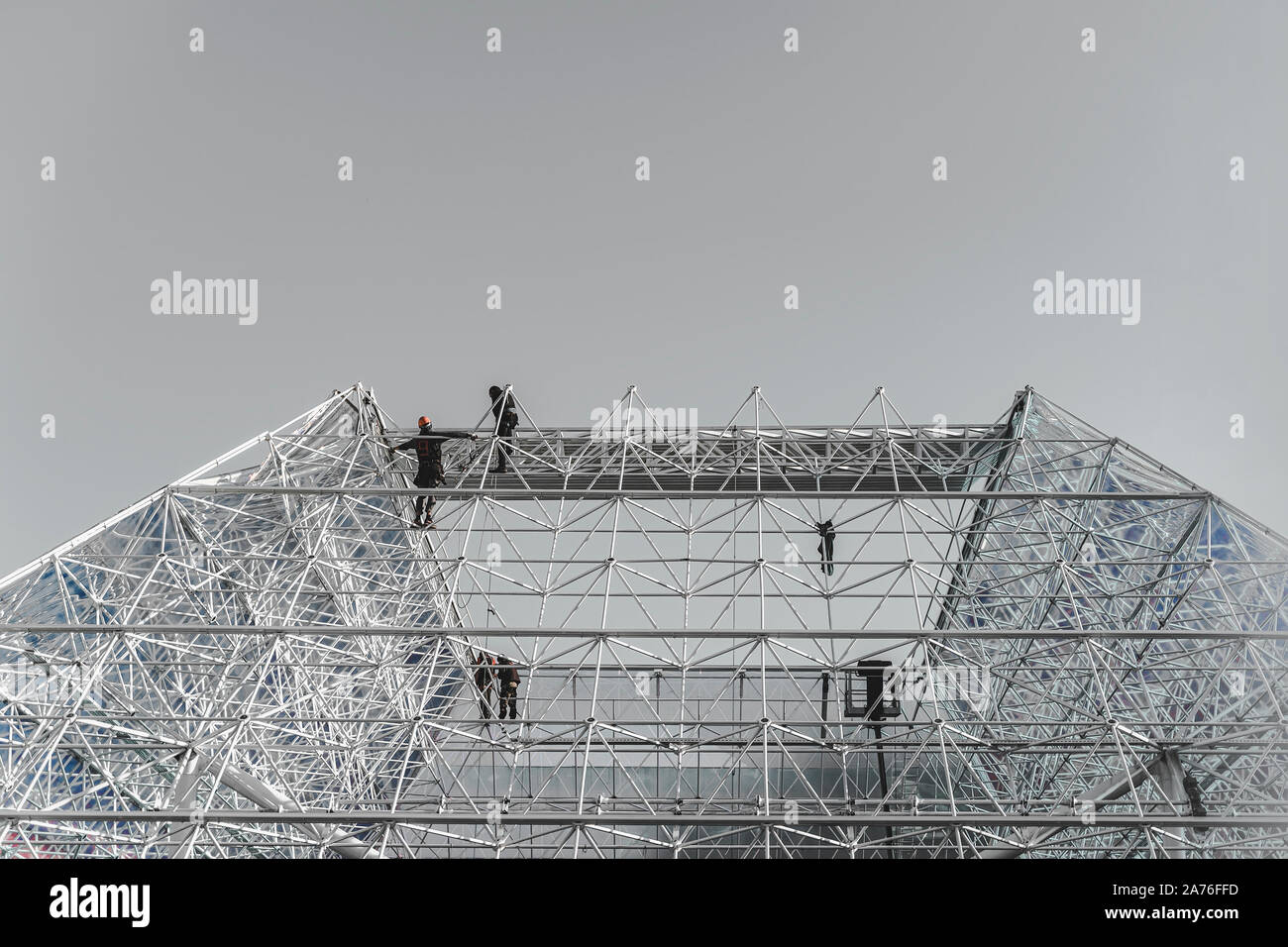 Geometric structure, steel frame, silver color, building construction ...