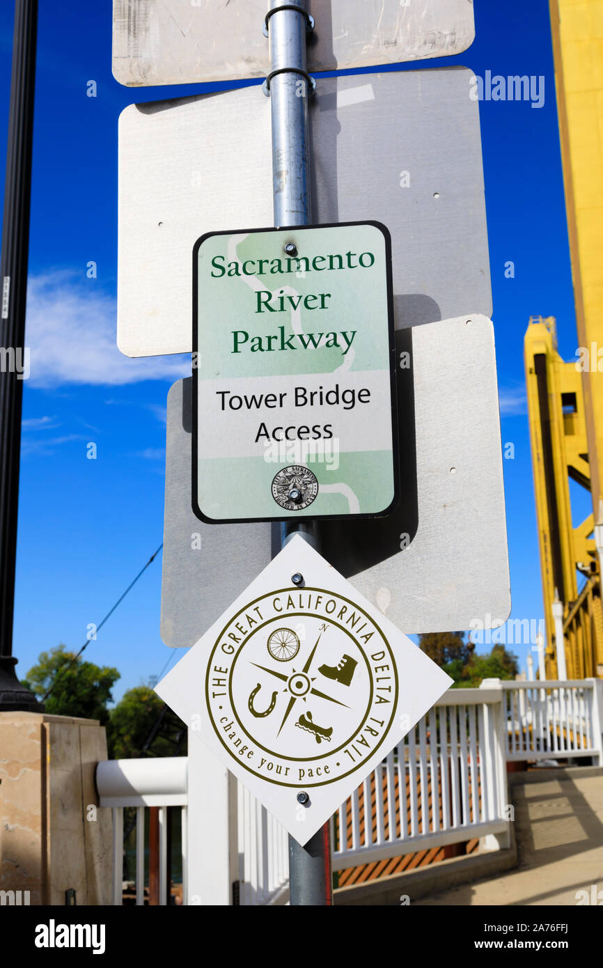 Sacramento River Parkway. Tower Bridge Access sign. Sacramento, State ...