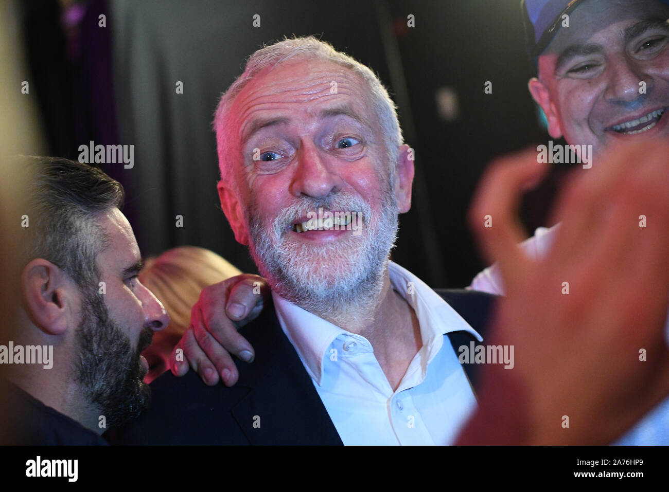 Labour leader Jeremy Corbyn with activists at Flash Music Theatre ...