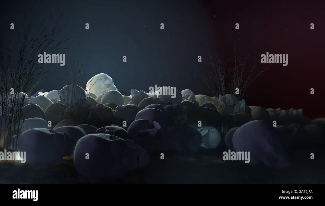 pile of skulls at night with dramatic lighting horrors background 3d ...