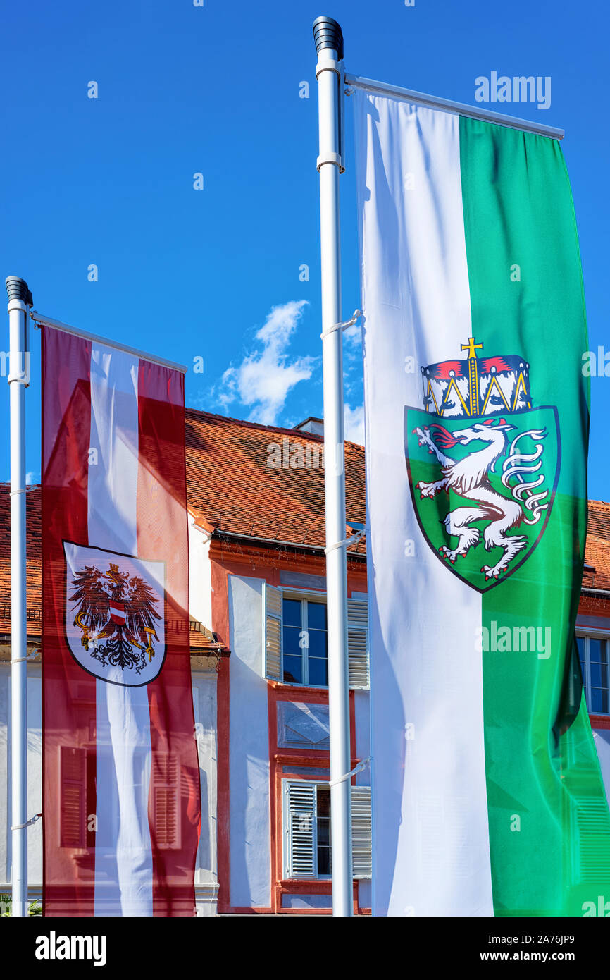 Flags of Austria and Styria with coat arms Stock Photo - Alamy