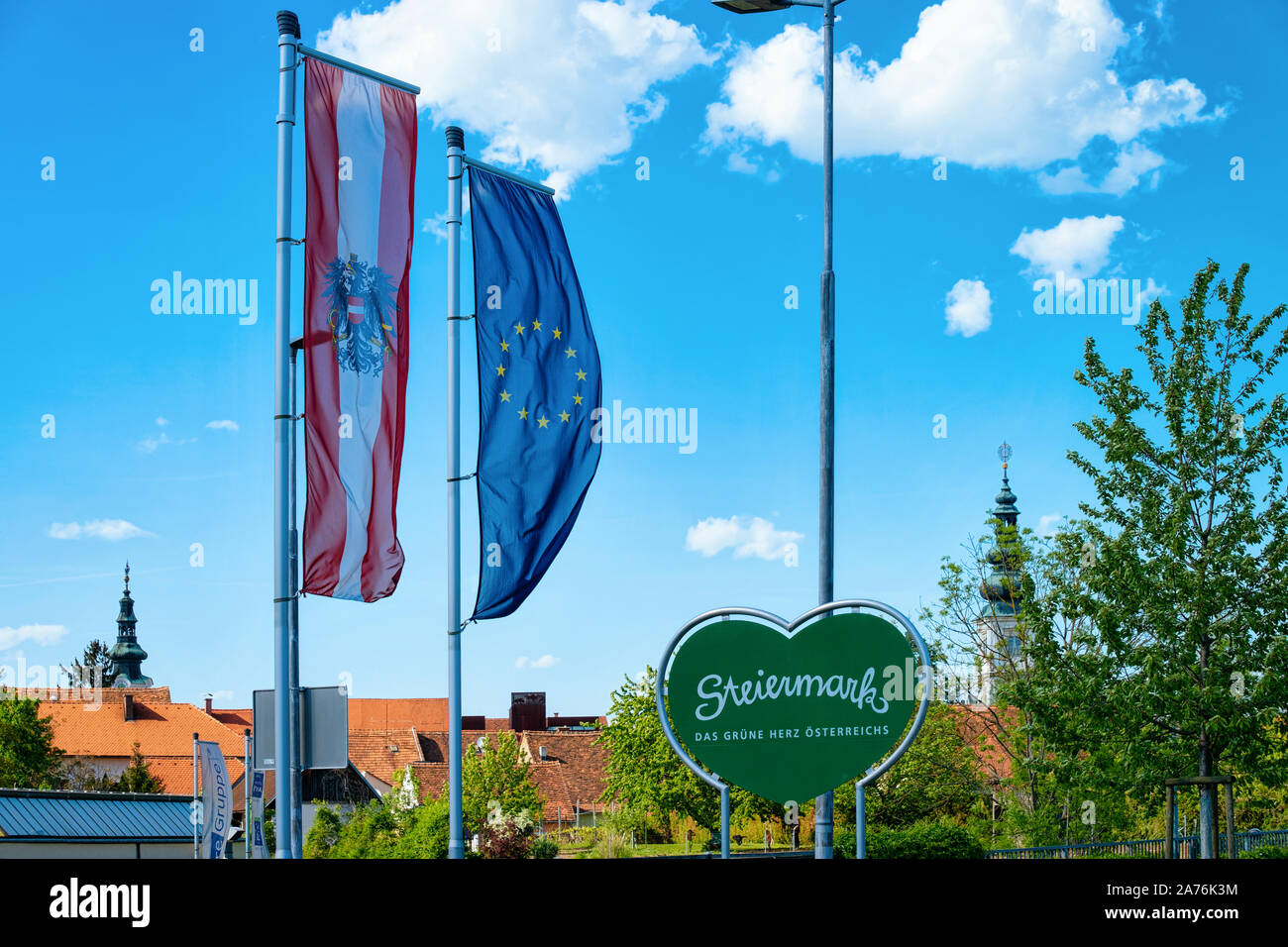 Modern european Steiermark green Traffic warning road sign Stock Photo ...