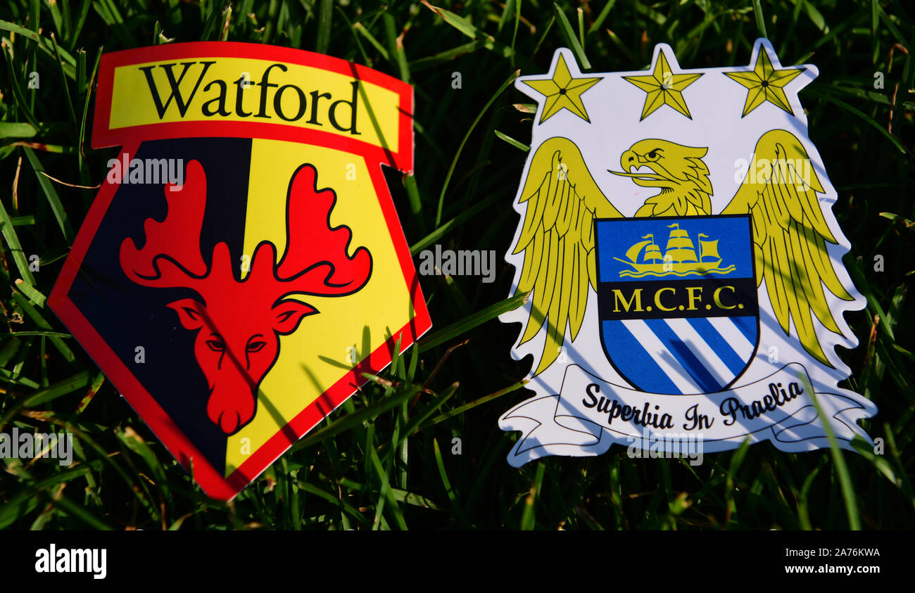September 6, 2019 London, UK. Emblems of English football clubs ...