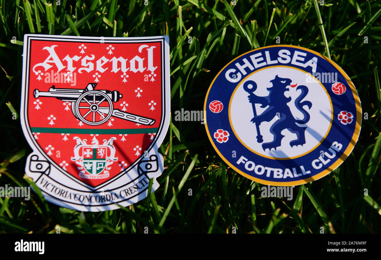 September 6, 2019 London, UK. Emblems of English football clubs rsenal ...