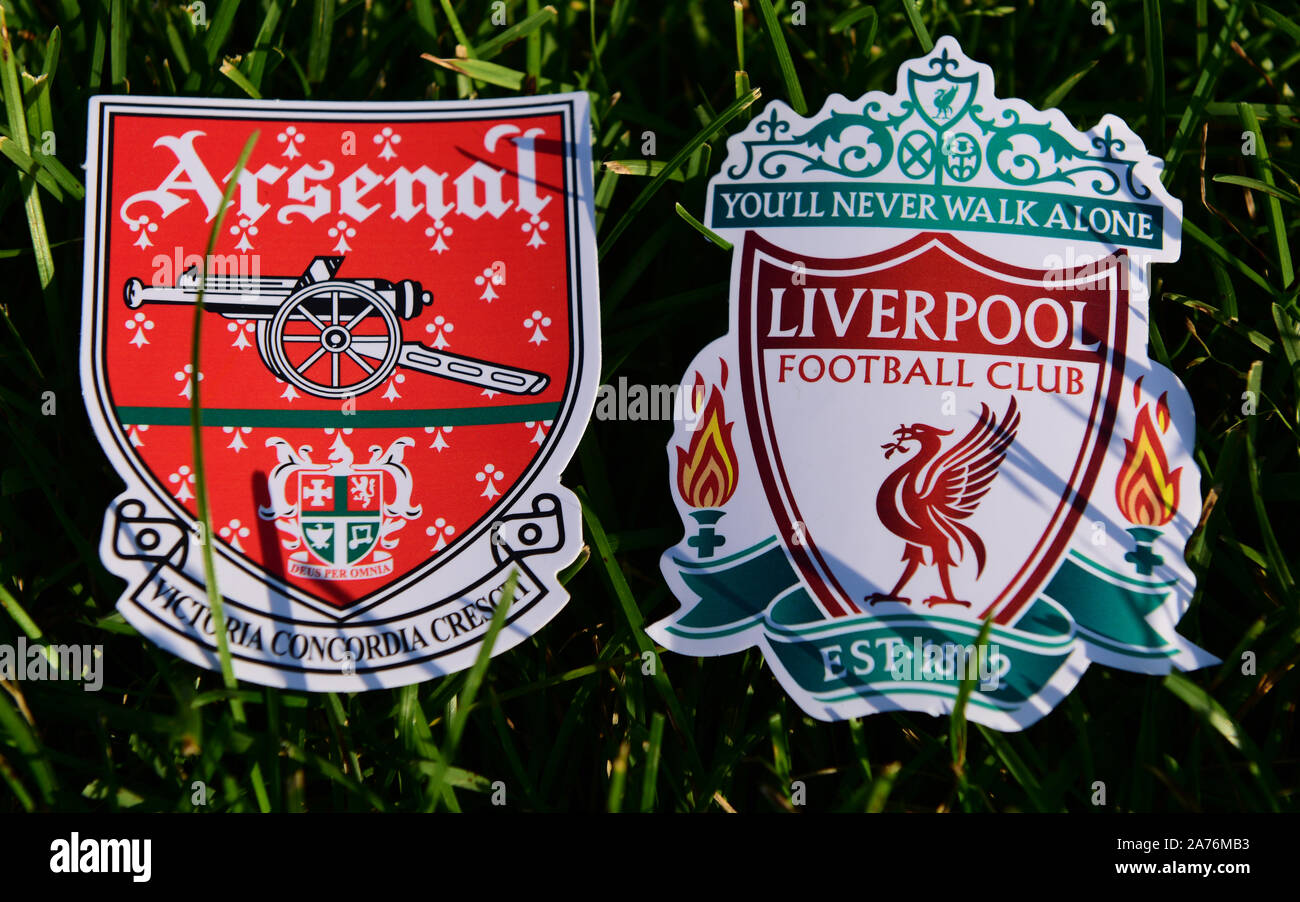 September 6, 2019 London, UK. Emblems of English football clubs rsenal ...