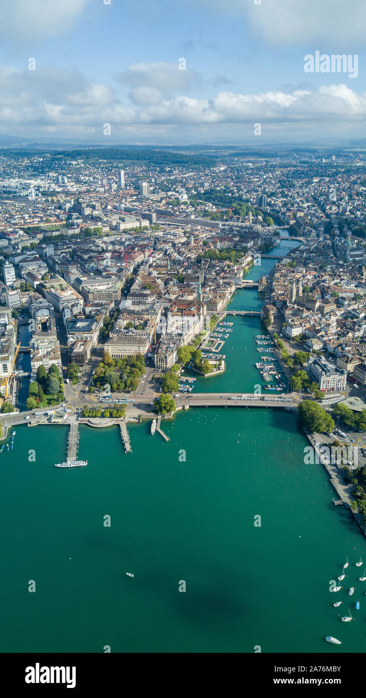Beautiful aerial drone view of Zurich city and lake, during summer time ...