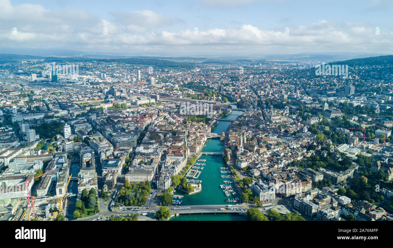 Aerial drone view of Zurich city and lake, during summer time, in ...