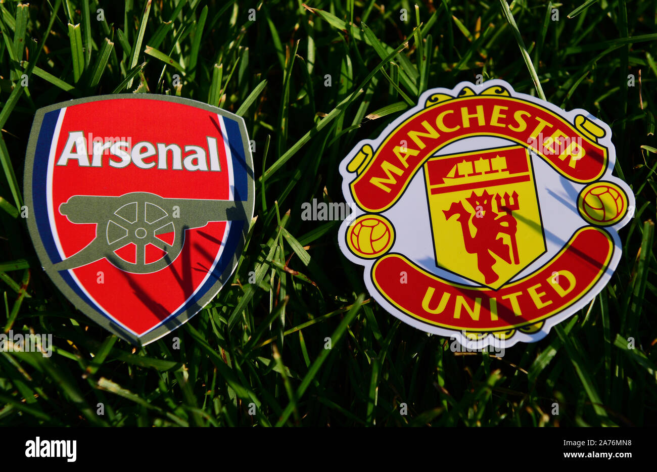 September 6, 2019 London, UK. Emblems of English football clubs rsenal ...