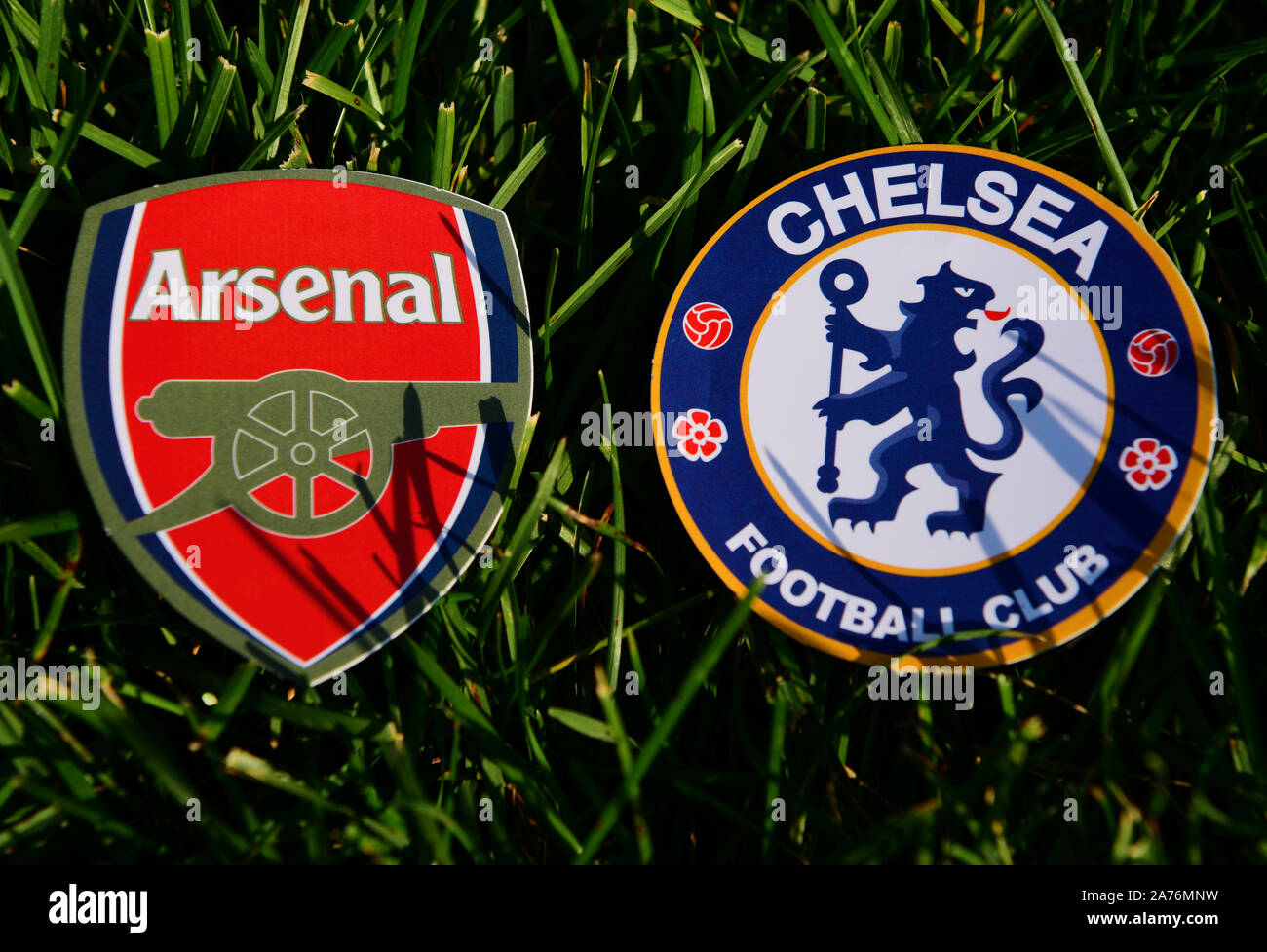 September 6, 2019 London, UK. Emblems of English football clubs rsenal ...