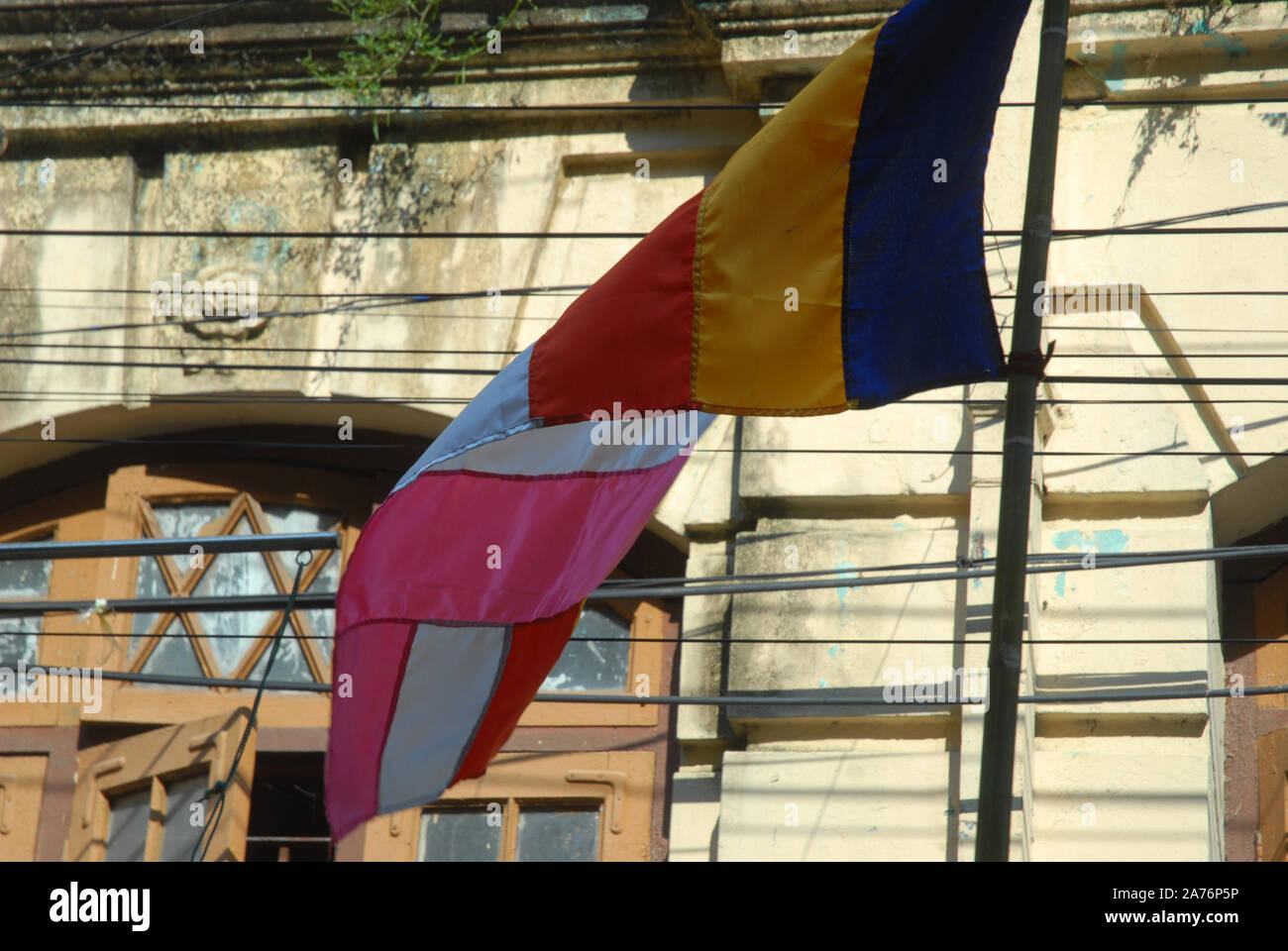 Striped Flag fluttering in the wind, Yangon, Myanmar, Asia Stock Photo ...