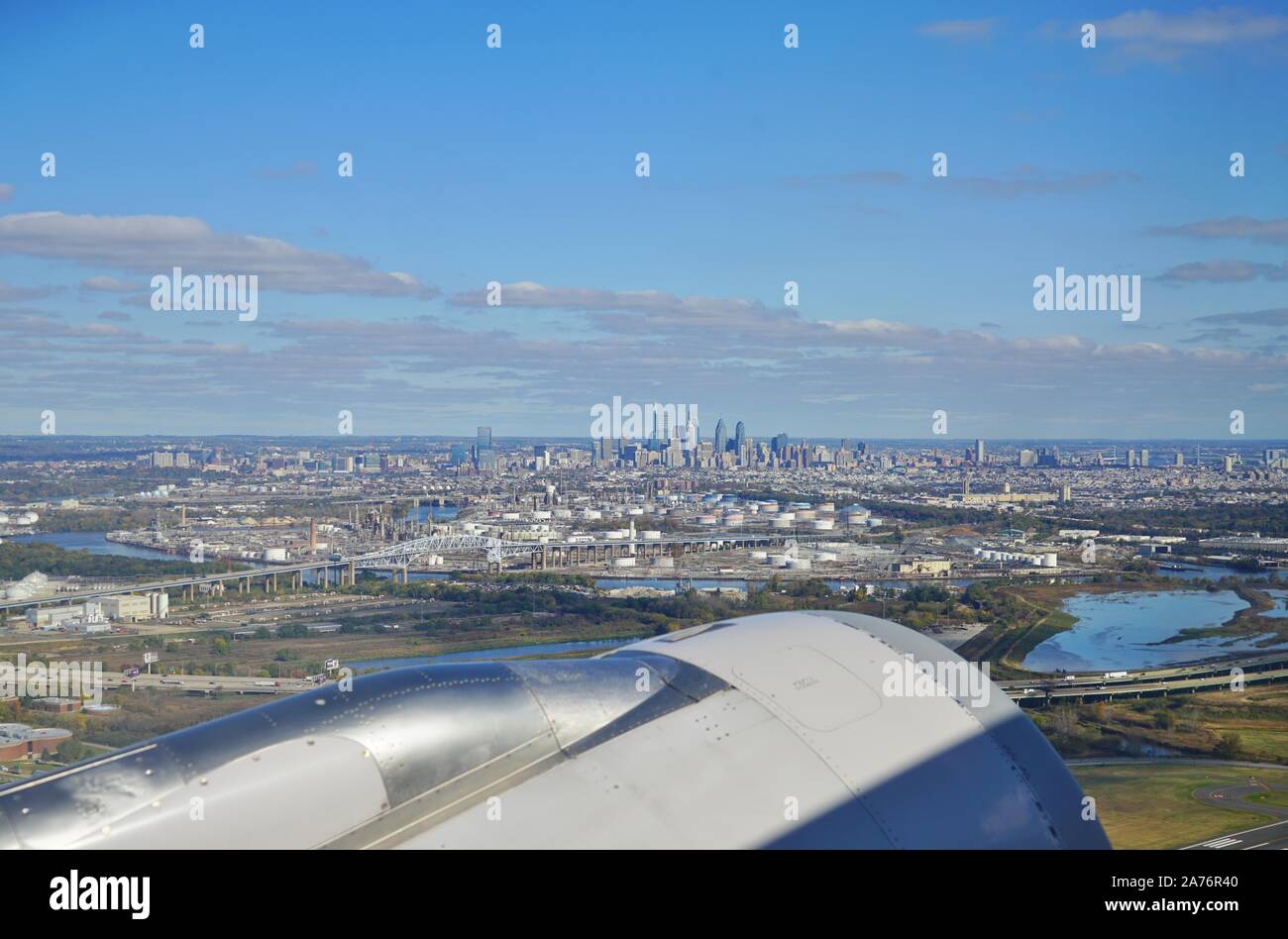 Aerial view of the skyline of the city of Philadelphia and the ...