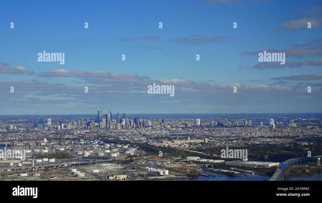 Aerial view of the skyline of the city of Philadelphia and the ...