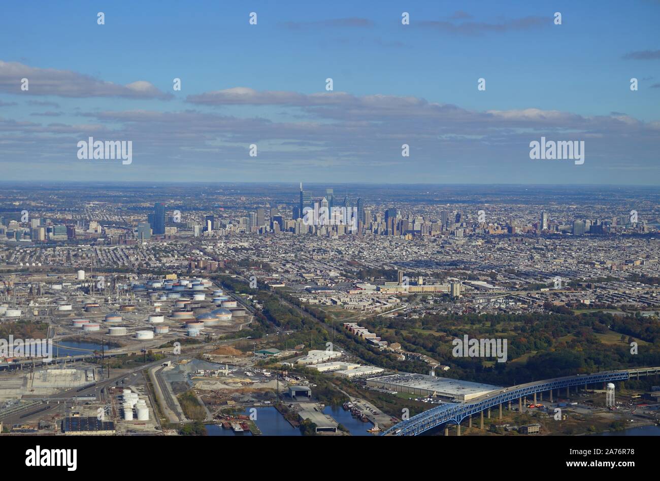 Aerial view of the skyline of the city of Philadelphia and the ...