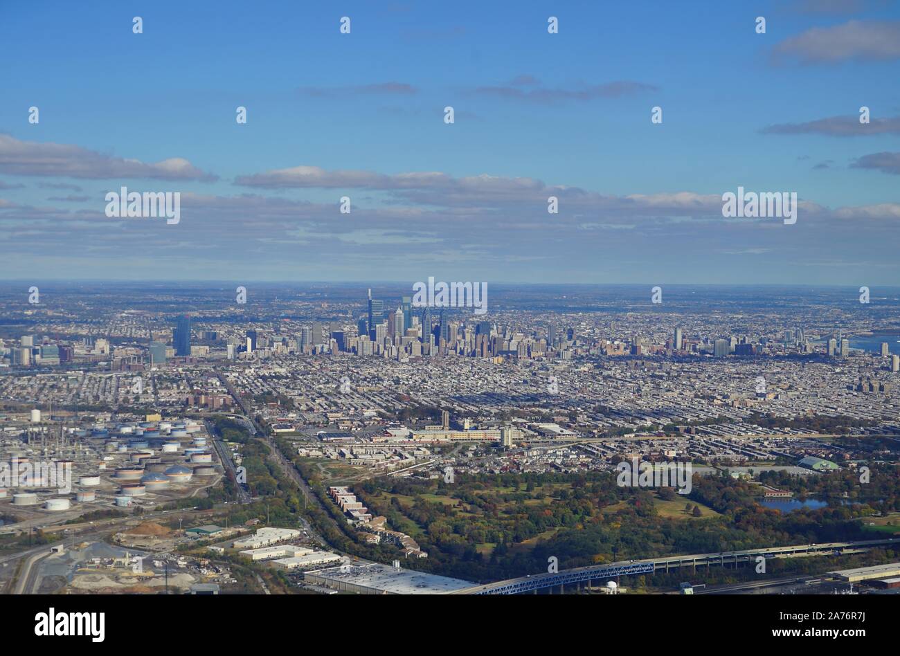Aerial view of the skyline of the city of Philadelphia and the ...