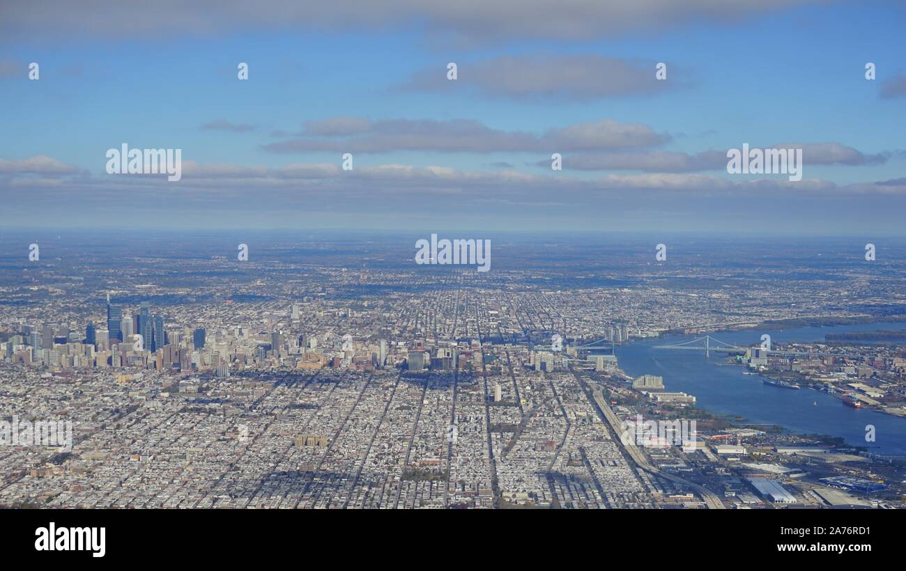 Aerial view of the skyline of the city of Philadelphia and the ...