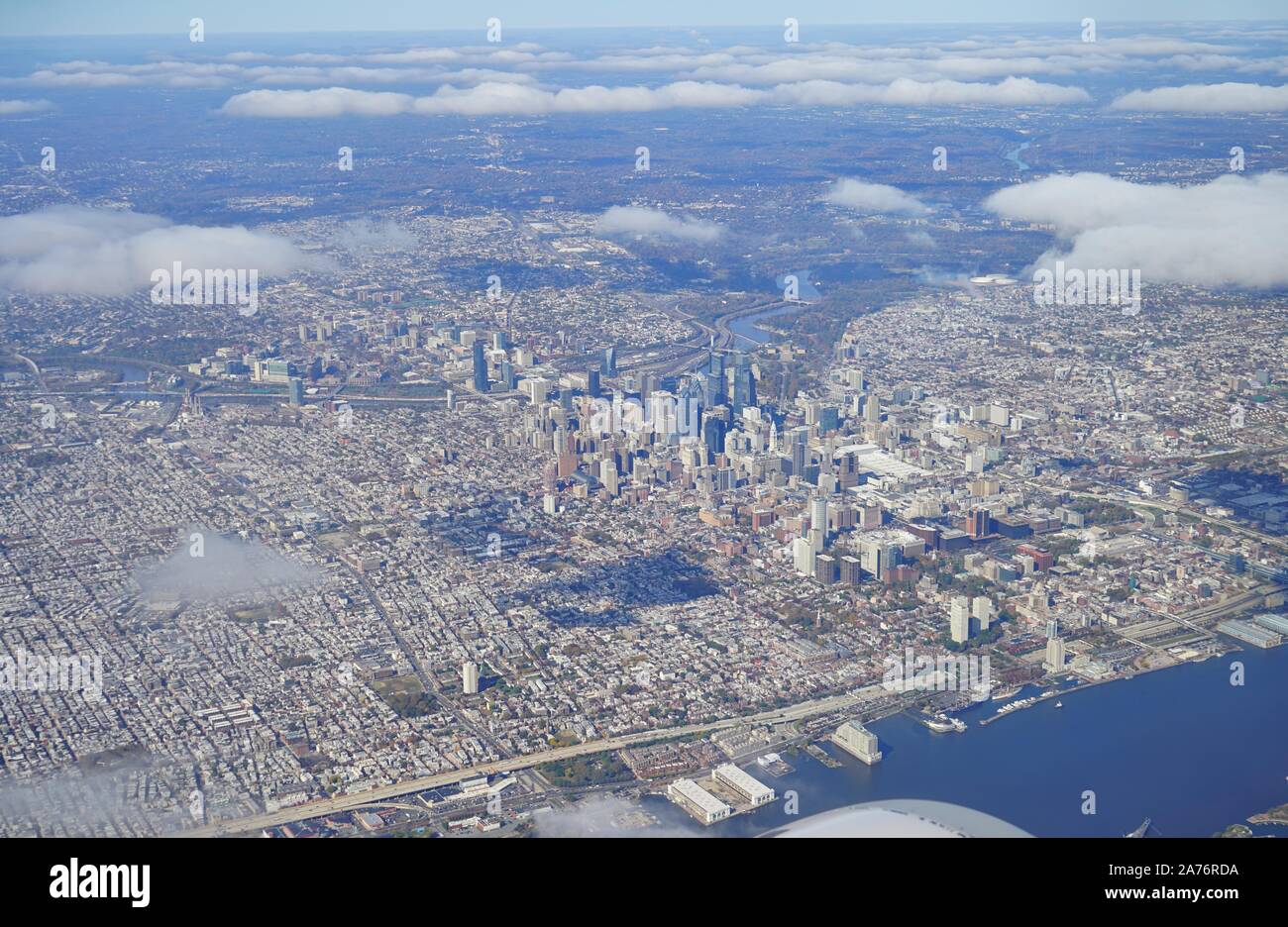 Aerial view of the skyline of the city of Philadelphia and the ...