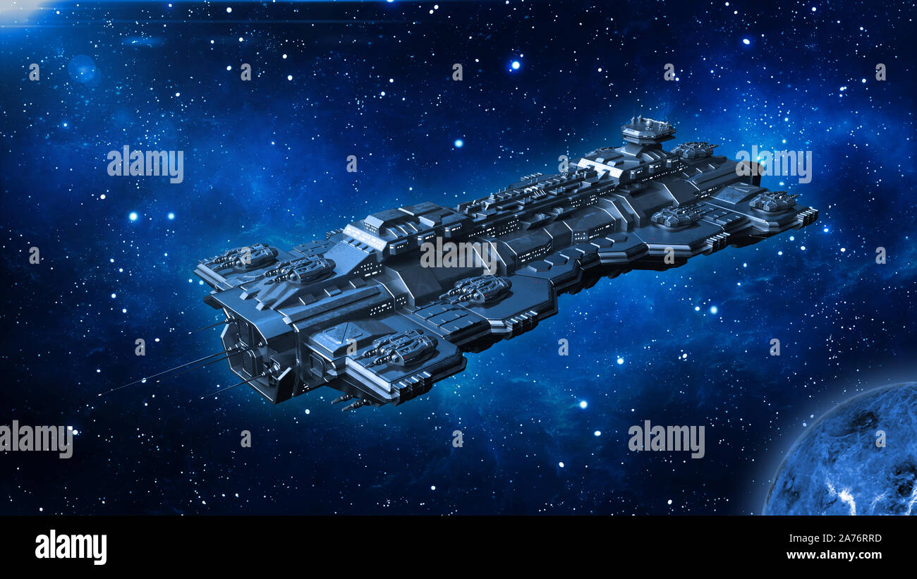 Spaceship traveling in deep space, alien UFO spacecraft flying in the Universe with planet and ...