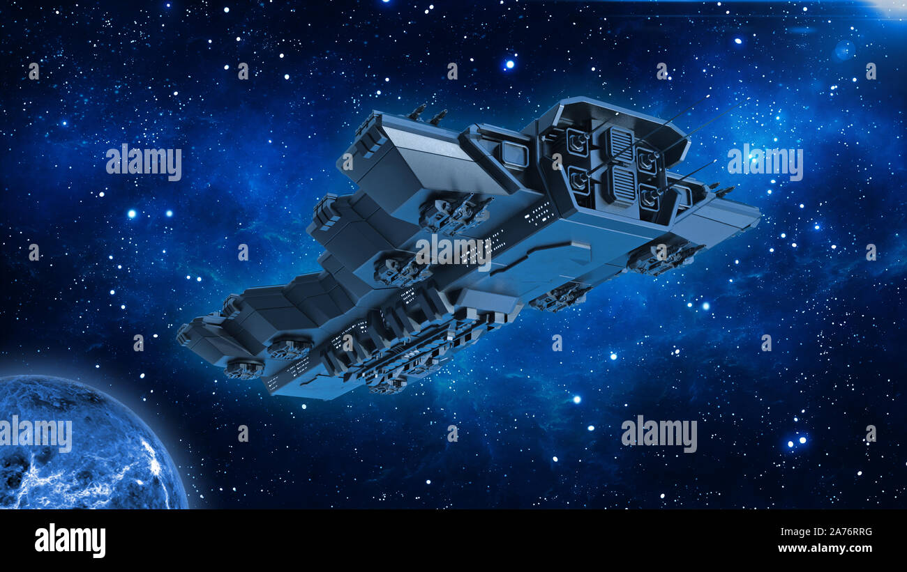 Spaceship traveling in deep space, alien UFO spacecraft flying in the Universe with planet and ...