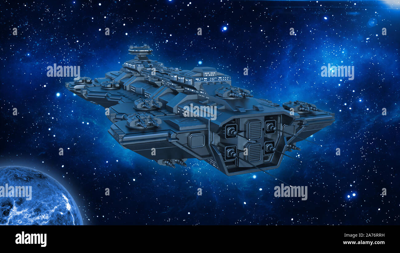 Spaceship traveling in deep space, alien UFO spacecraft flying in the Universe with planet and ...