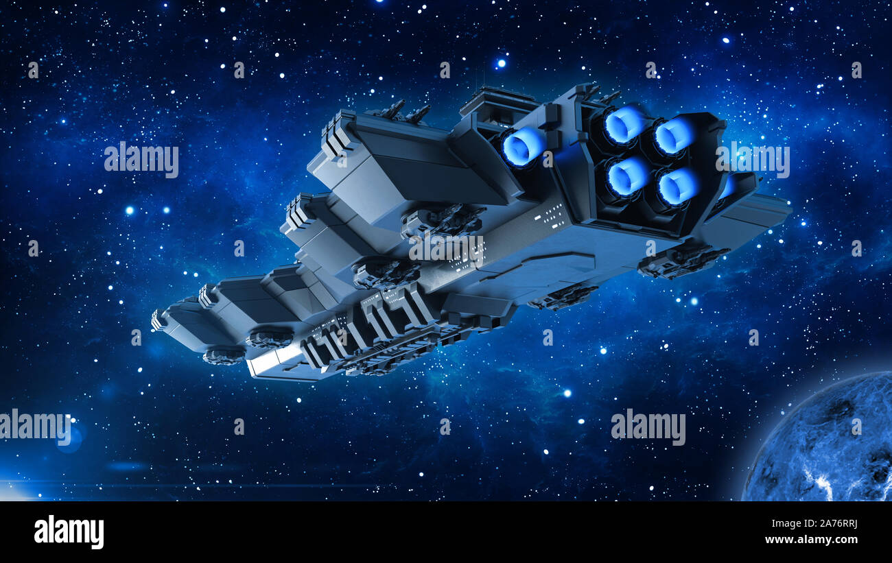 Spaceship traveling in deep space, alien UFO spacecraft flying in the Universe with planet and ...