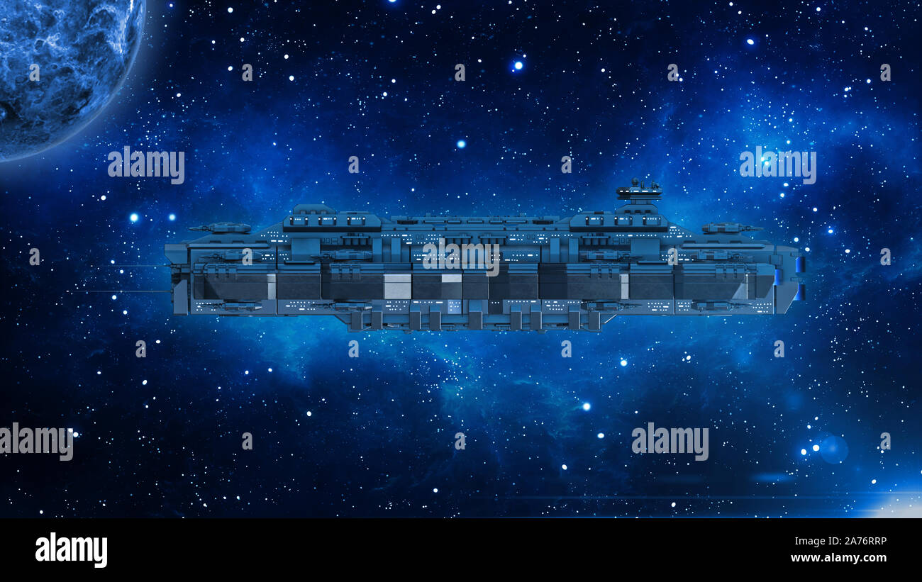 Spaceship traveling in deep space, alien UFO spacecraft flying in the Universe with planet and ...