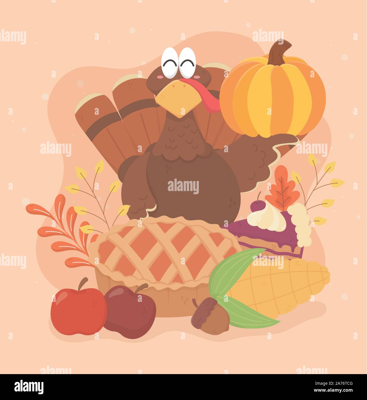 happy thanksgiving turkey cake corn apples acorn celebration vector ...