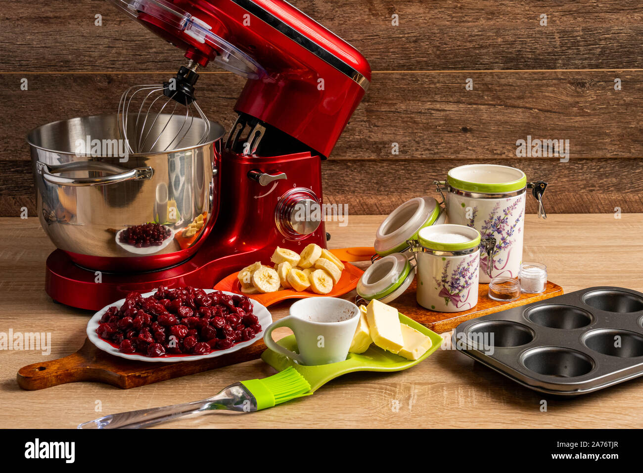 Top-center view of ingredients and equipment for muffin making Stock ...
