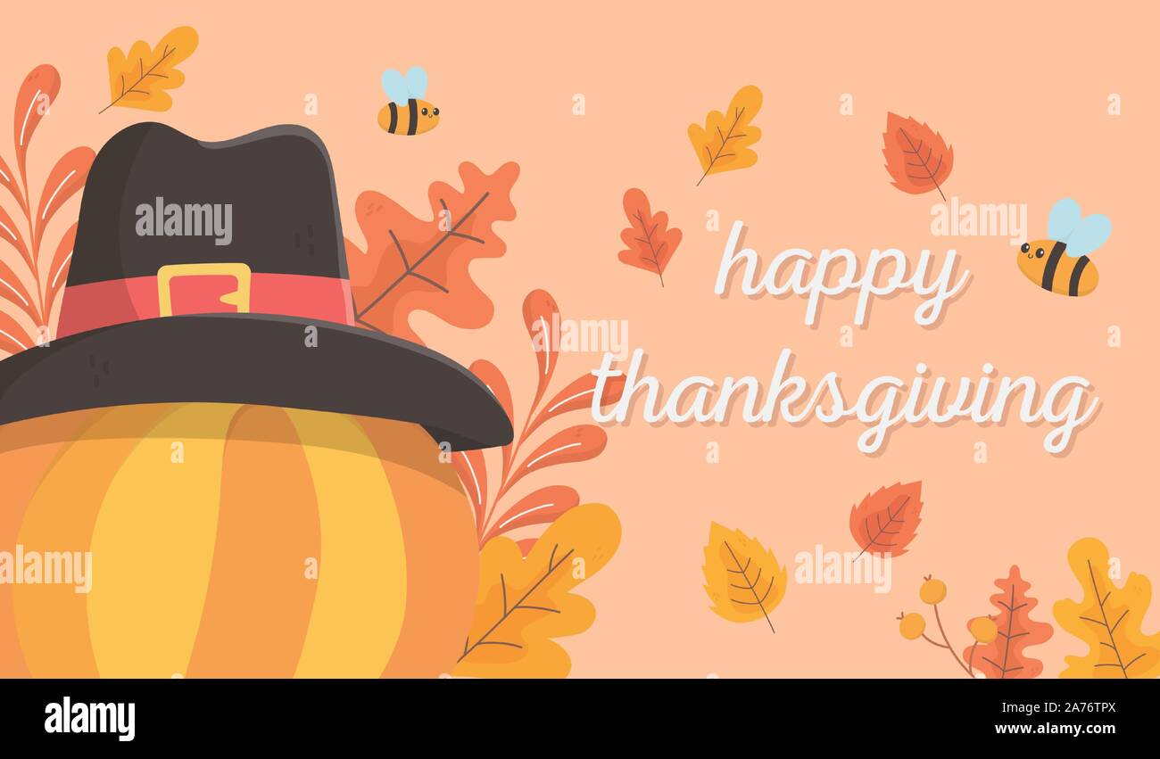 happy thanksgiving pumpkin with hat bees leaves celebration vector ...