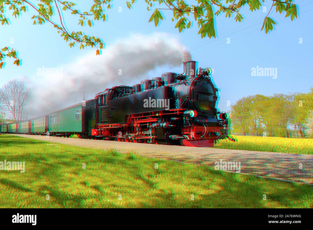 Historical German steam train in spring, Rugen, Germany, 3d anaglyph ...