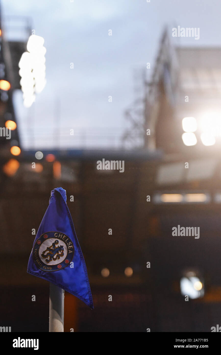 LONDON, ENGLAND - DECEMBER 8, 2018: Chelsea branded corner flag ...