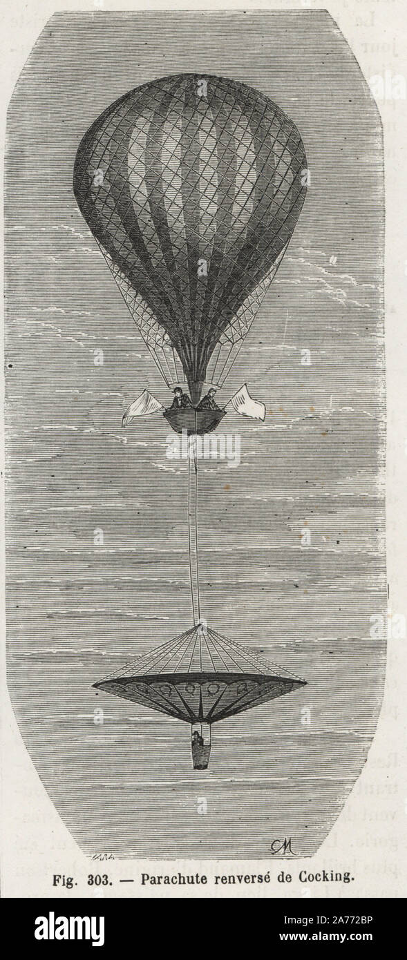 Robert Cocking's ill-fated inverted cone parachute, 1837. Woodblock ...