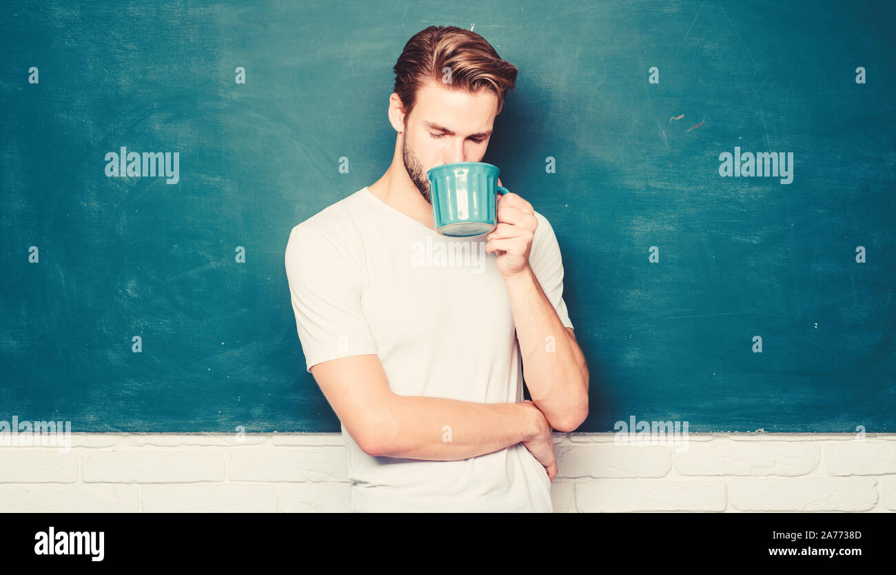 Good morning. Handsome man enjoy hot coffee. Coffee addicted. Inspiring ...
