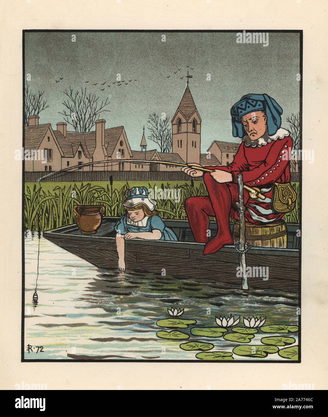 Medieval man fishing from a boat in a waterlily pond accompanied by a ...