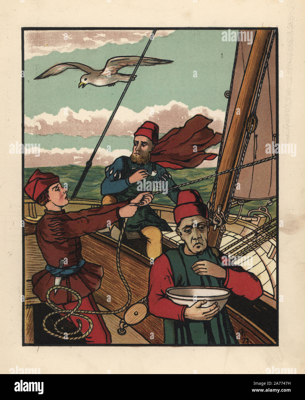 Medieval sailors on a sailboat, one pulling the sail rigging, smoking a ...