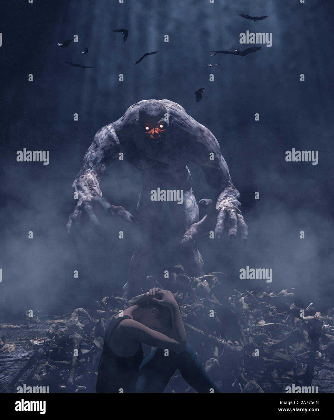 Girl hiding from Monster,3d illustration Stock Photo - Alamy