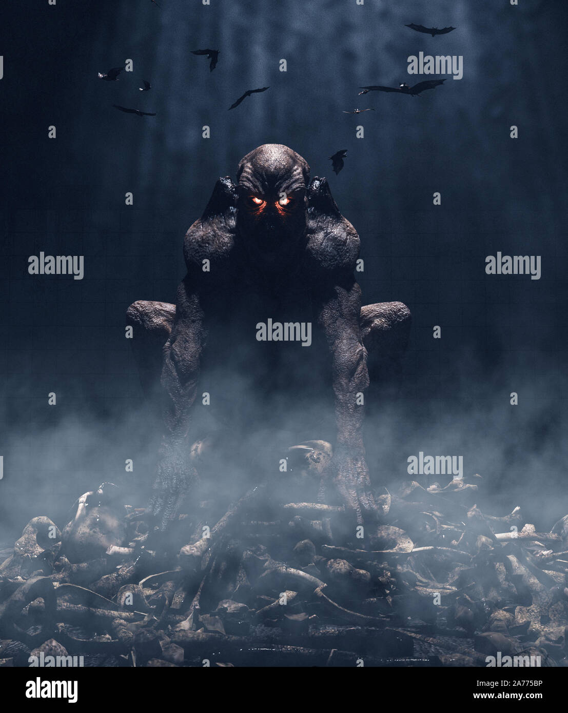 Monster sitting on pile of bones,3d illustration Stock Photo - Alamy