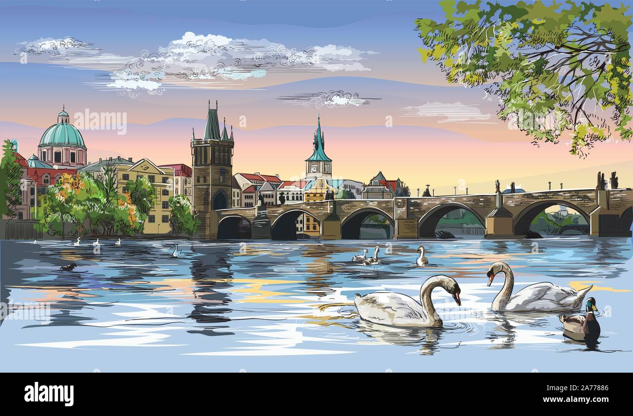 Colorful vector hand drawing Illustration Cityscape of Charles Bridge ...