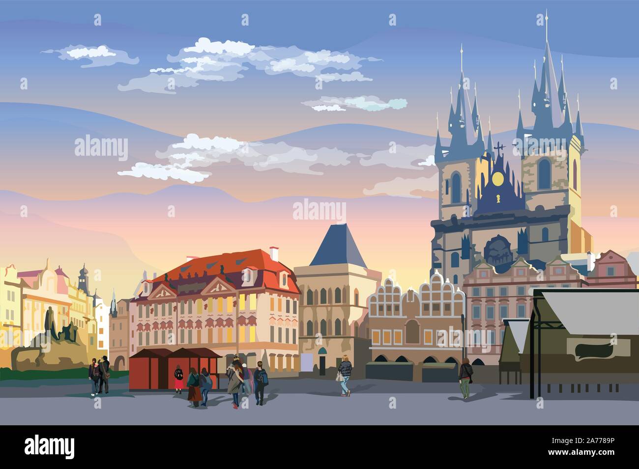 Colorful vector drawing Illustration. Cityscape of Old Town Square and ...